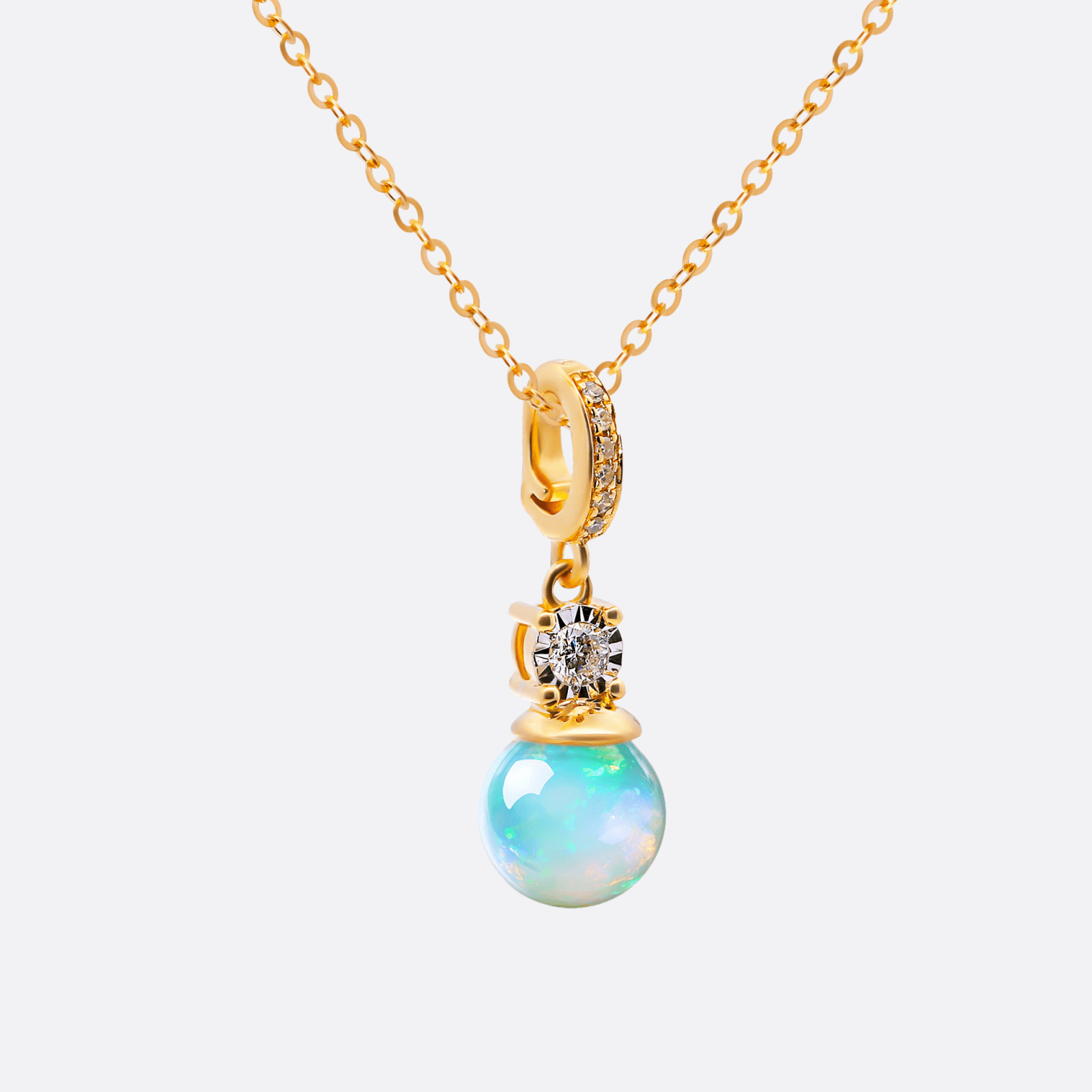 Genuine opal ball with diamonds in 18K gold – Solaris necklace