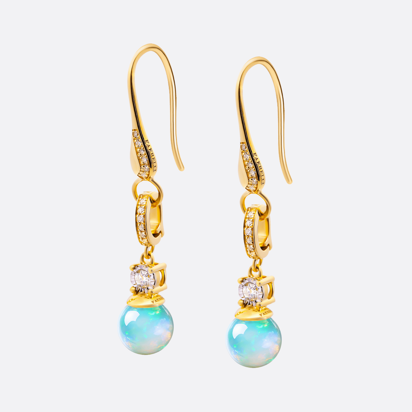 Genuine opal ball with 4mm diamond in 18K gold – Solaris earrings